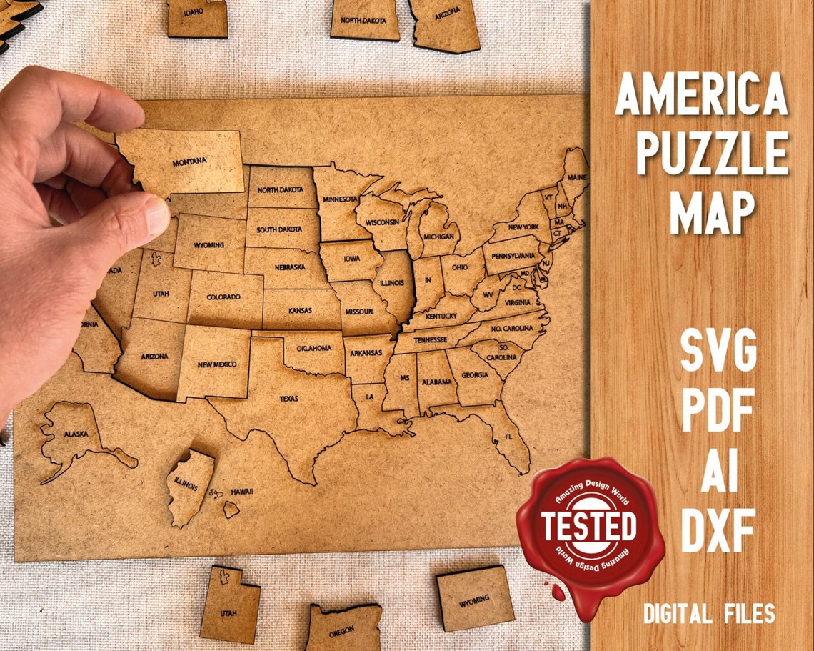 USA Wooden Puzzle USA Map Jigsaw Puzzle Montessori Puzzle US Map Puzzle ...