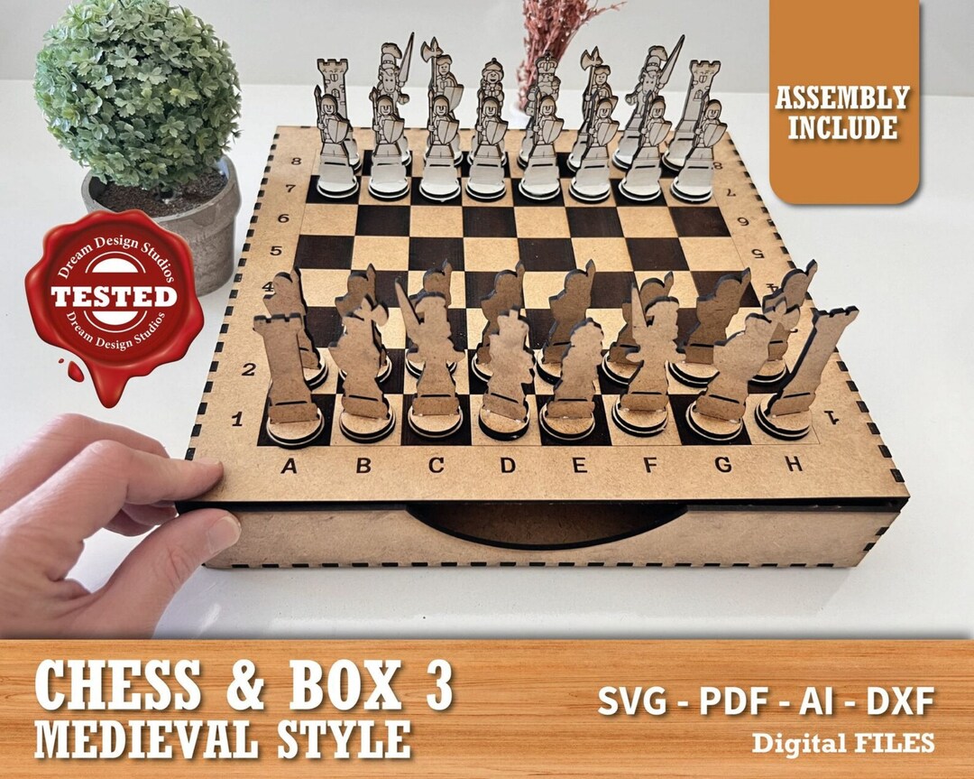 Chess and Chess Pieces Laser Cut Files V5 Wooden With Box Laser Cut Cnc ...