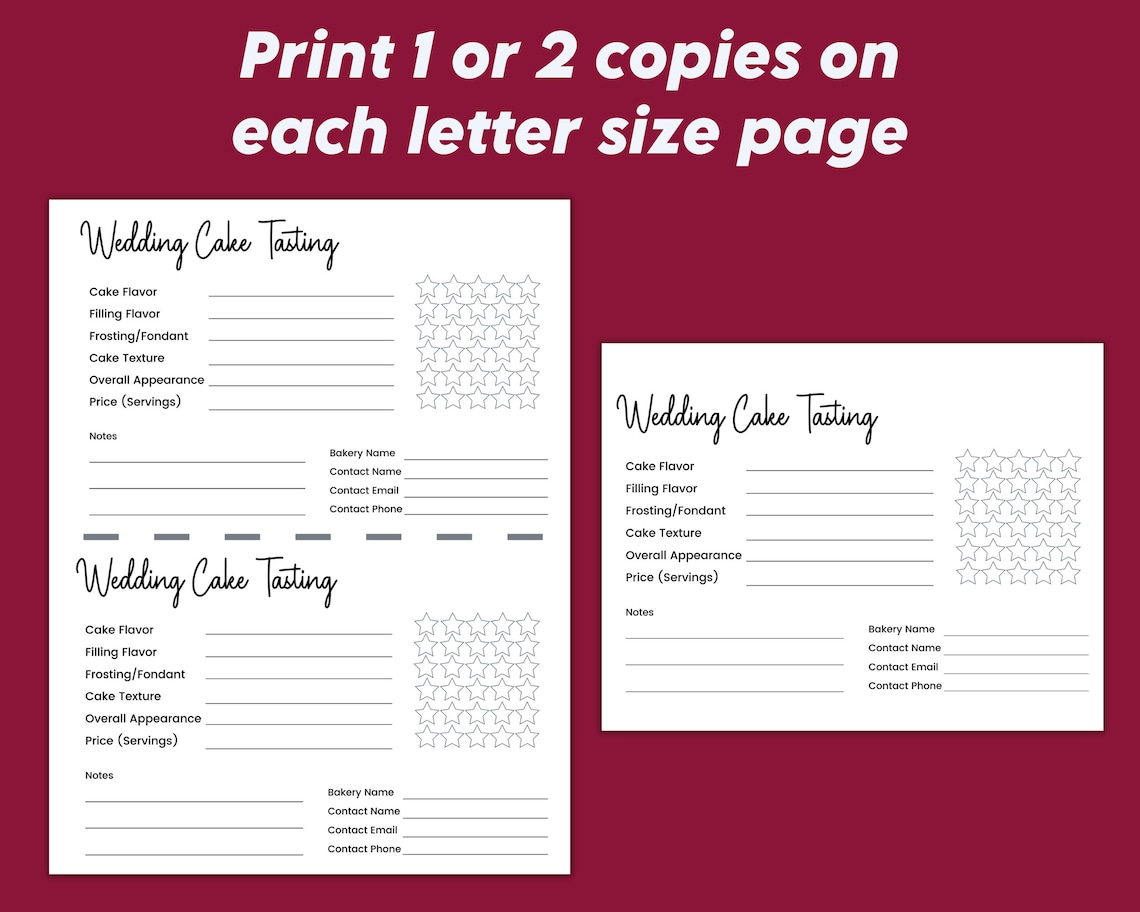 Wedding Cake Tasting Sheet, Bride Cake Planner Tasting Score Card for ...