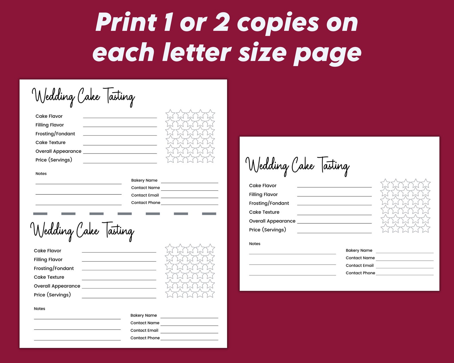 Wedding Cake Tasting Scorecard – Bride Cake Planner Printable (PDF ...