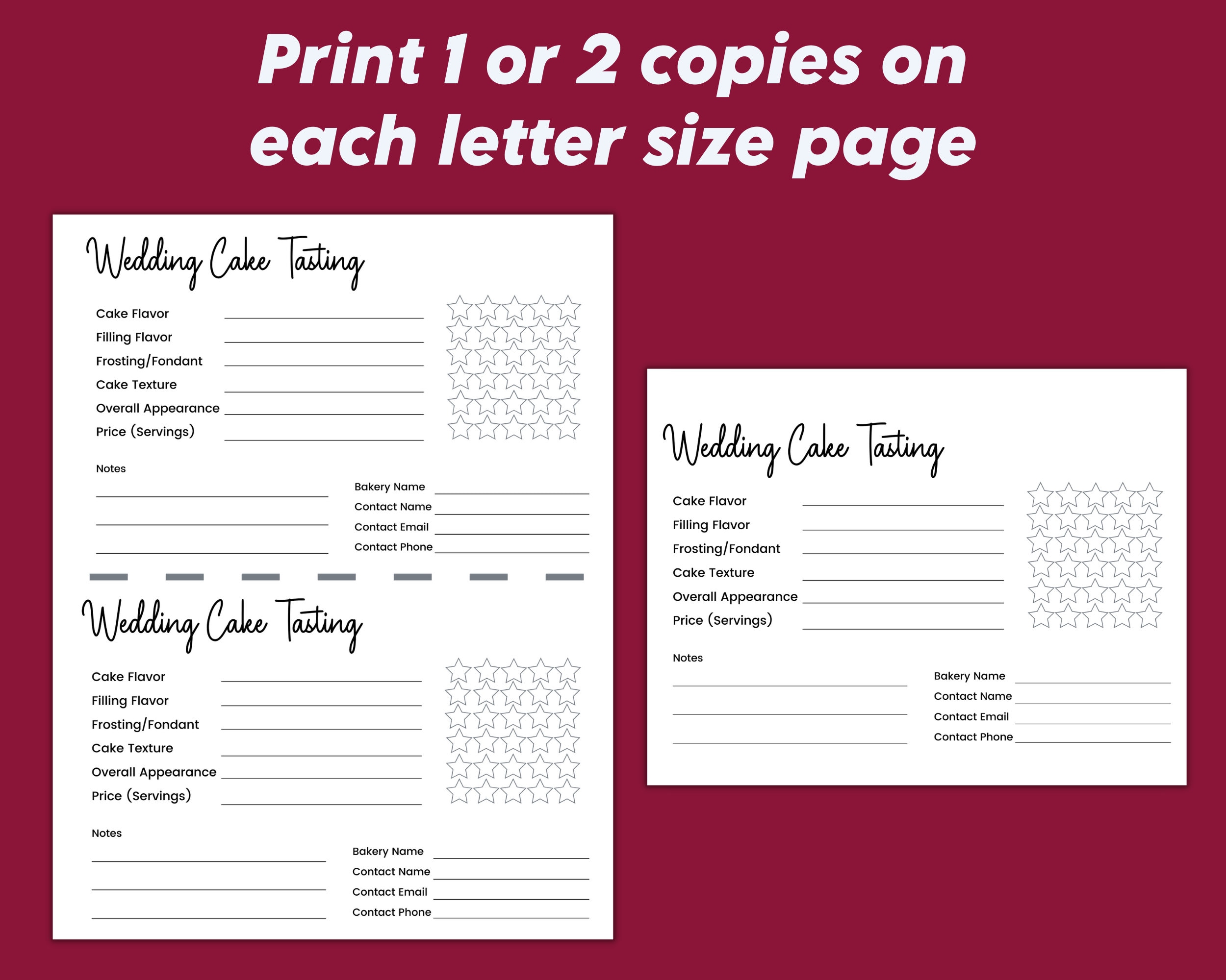 Wedding Cake Tasting Sheet, Bride Cake Planner Tasting Score Card for ...