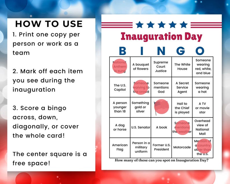 Inauguration Day Printable Game Bingo for 2025 U.S. Presidential Watch ...