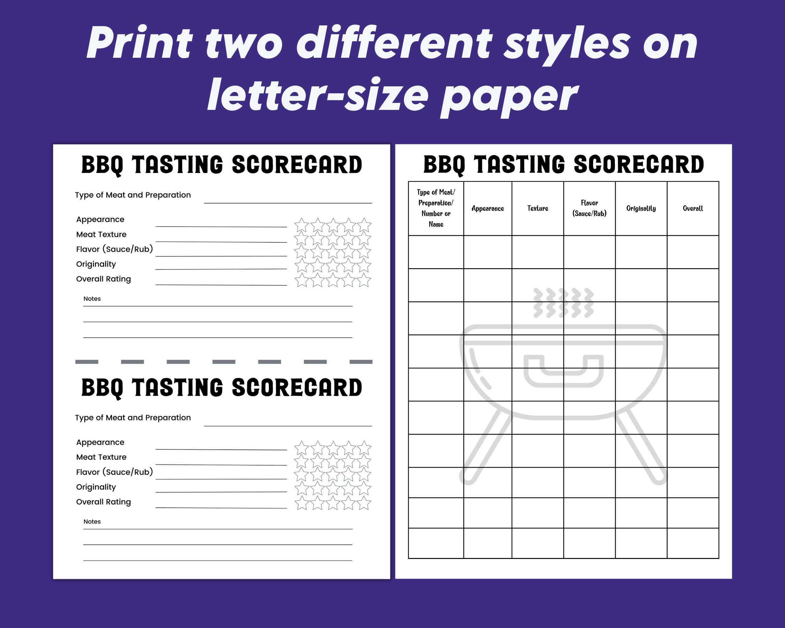 BBQ Tasting Score Card, Barbecue Cookoff Party Food Tasting Game, Food ...