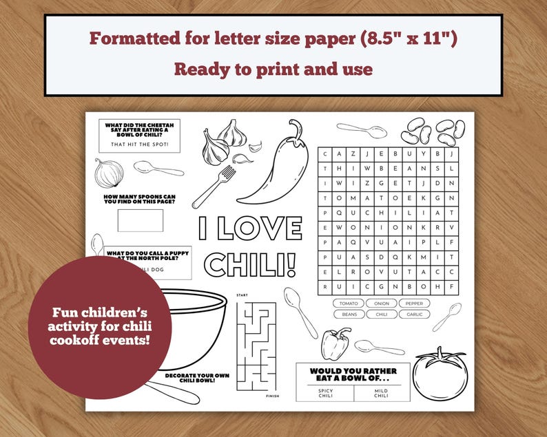Chili Cookoff Activity Placemat – Kids Coloring Sheet Game (PDF ...
