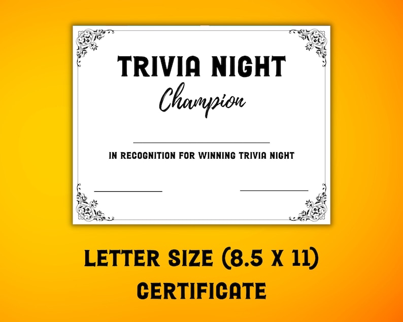 Trivia Night Printable Award Certificate for Winning Teams or Players ...