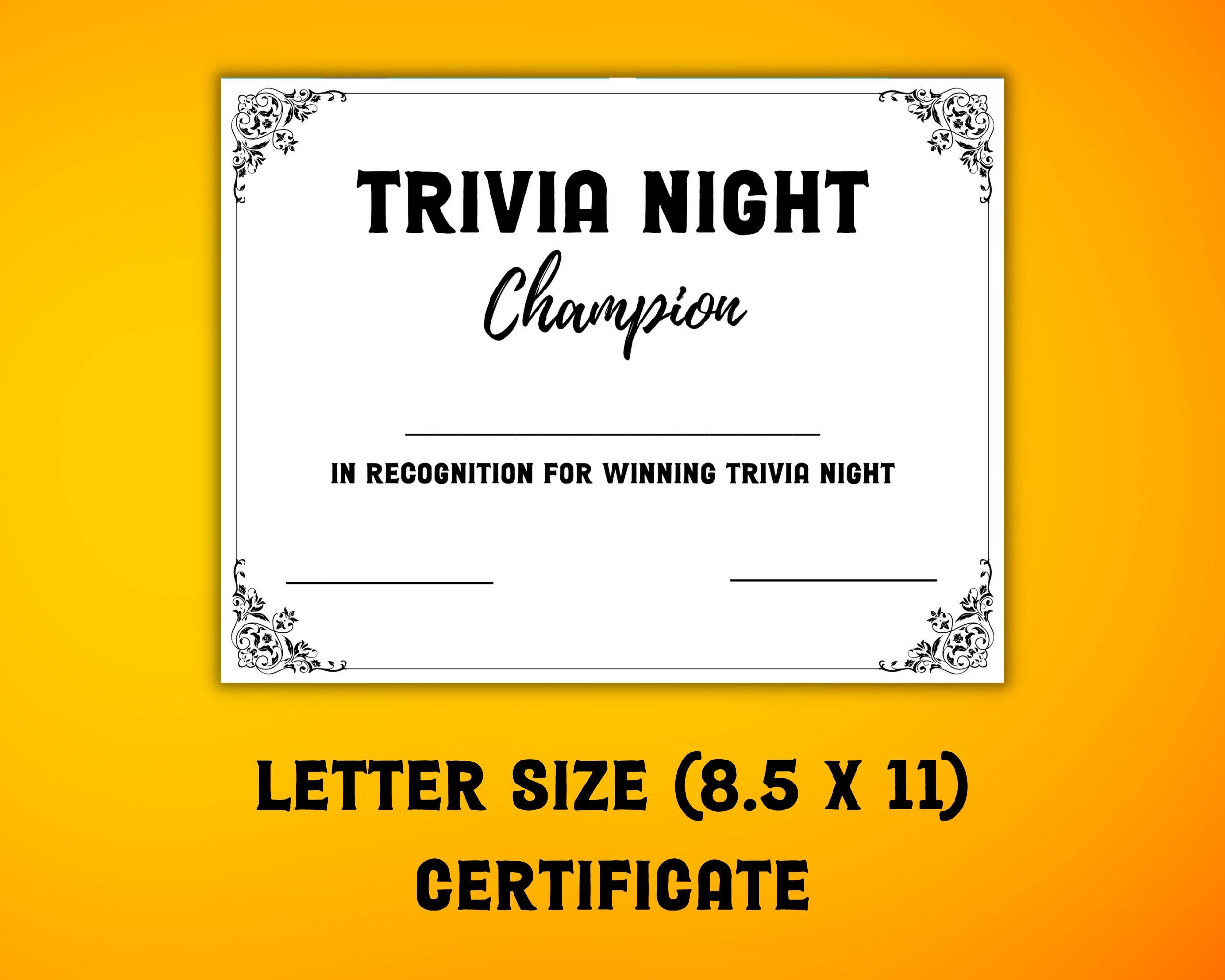 Trivia Night Printable Award Certificate for Winning Teams or Players ...