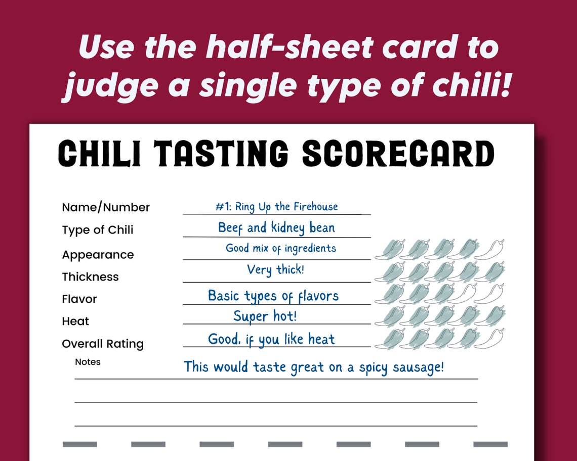 Chili Tasting Score Card, Chili Cookoff Party Food Tasting Game, Food ...