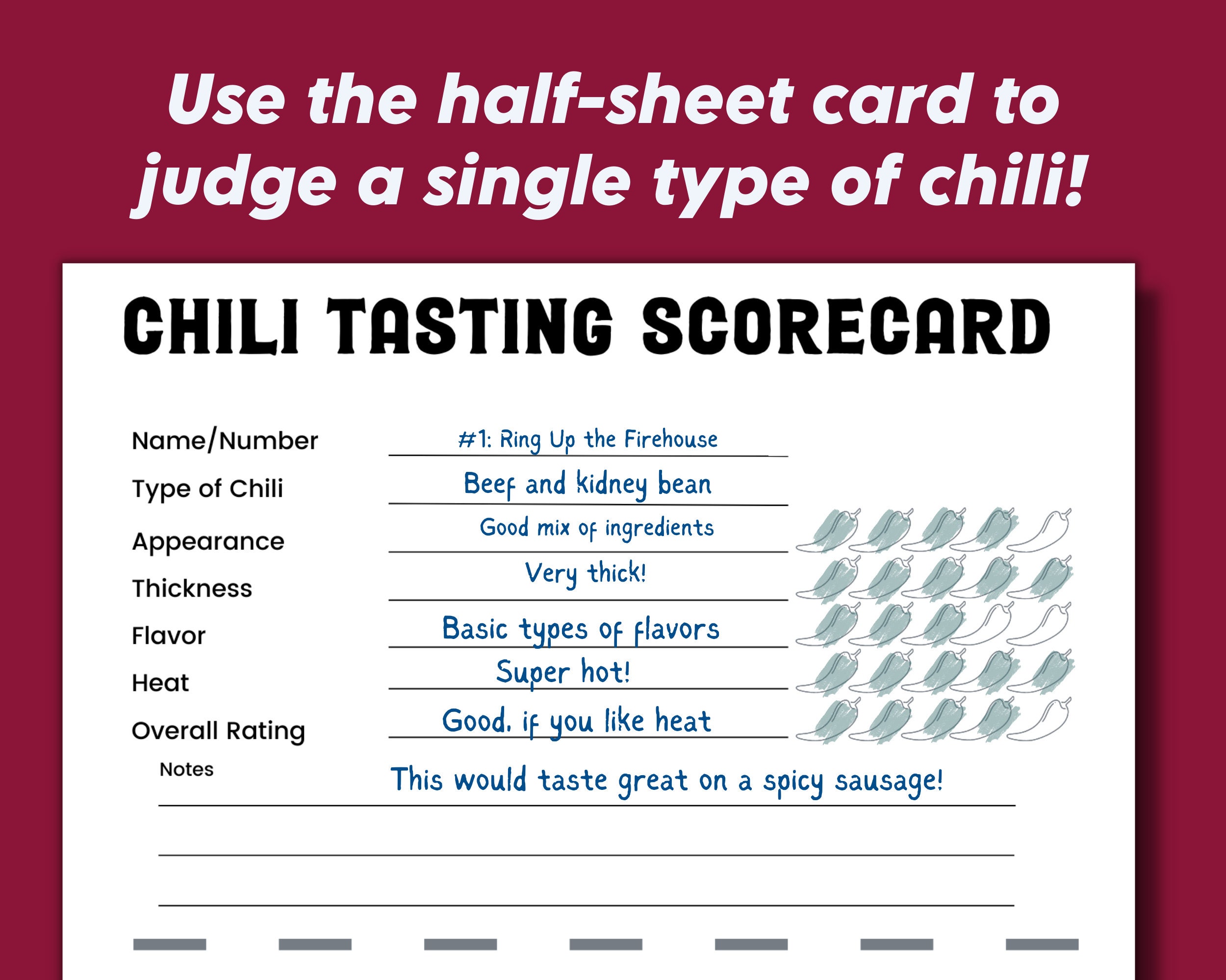 Chili Tasting Score Card, Chili Cookoff Party Food Tasting Game, Food ...