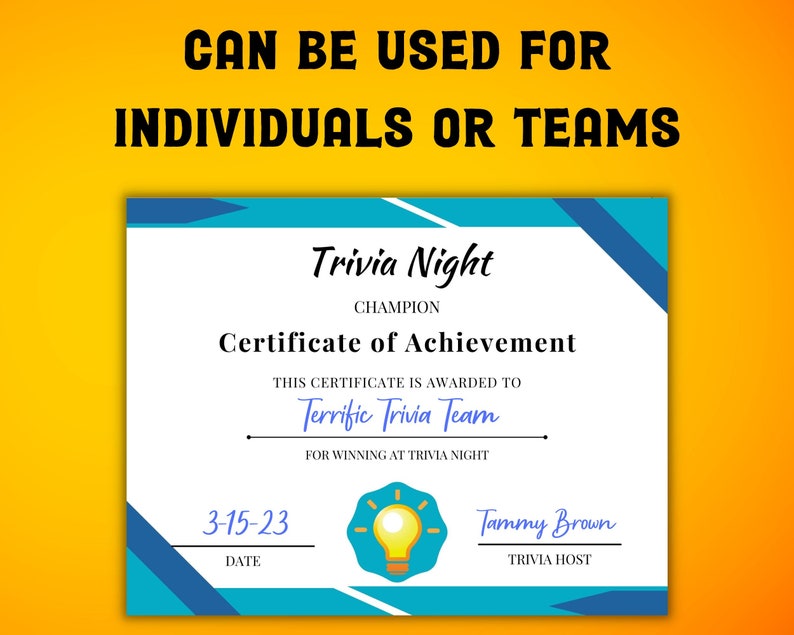 Trivia Night Winner Certificate – Printable Awards for Bar or Pub Teams ...