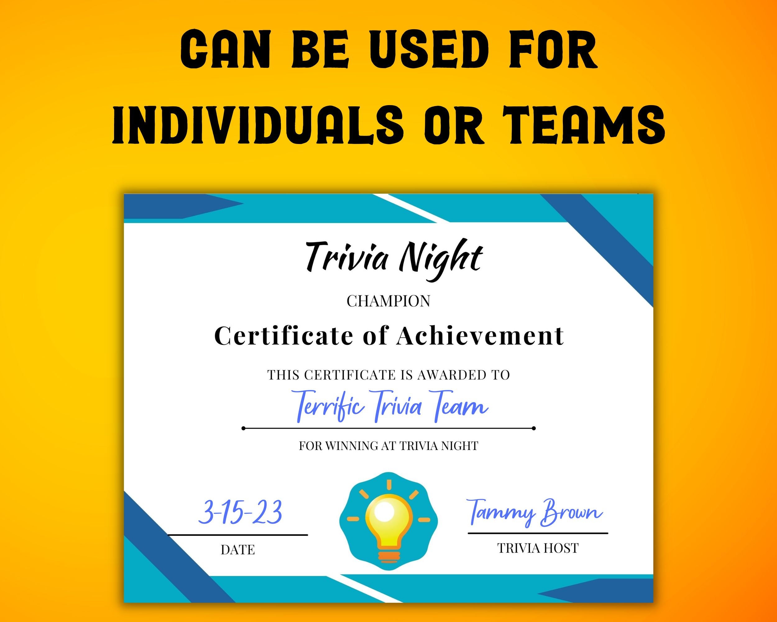 Trivia Night Printable Award Certificate for Winning Teams or Players ...