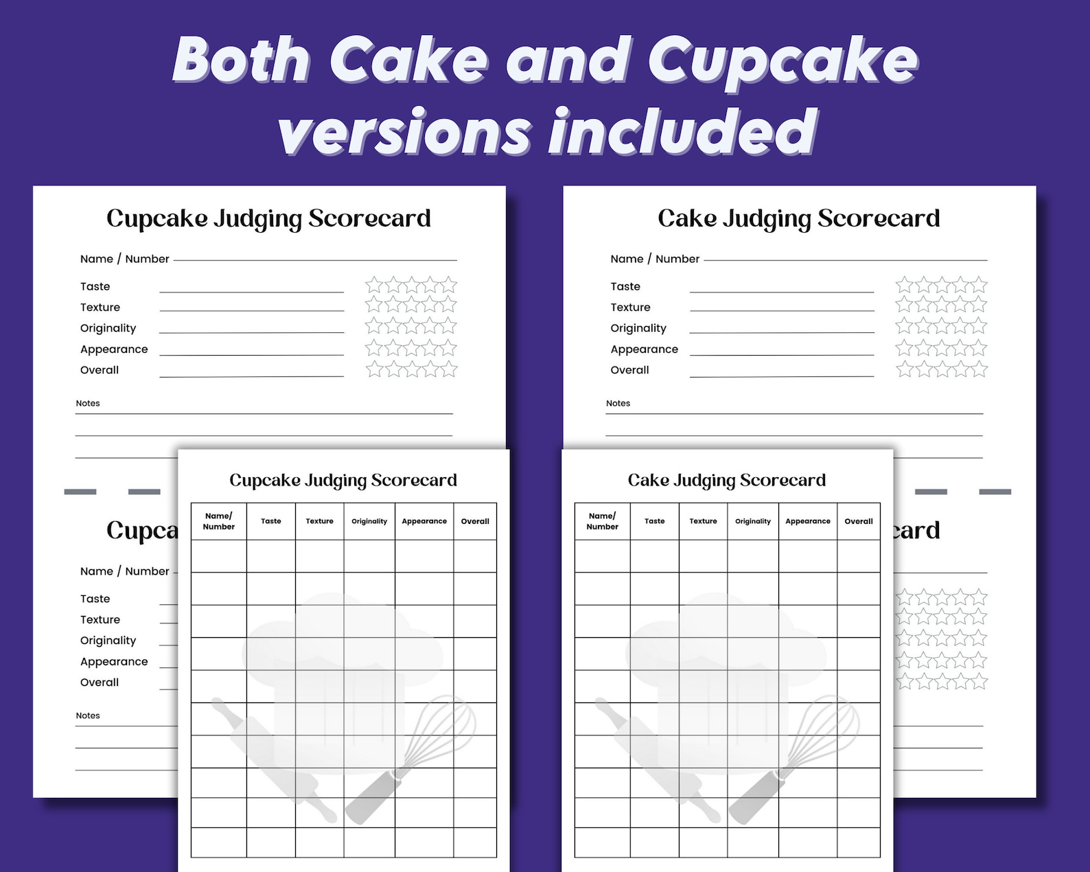 Cake & Cupcake Tasting Scorecard – Printable Judging Sheets for Pastry ...