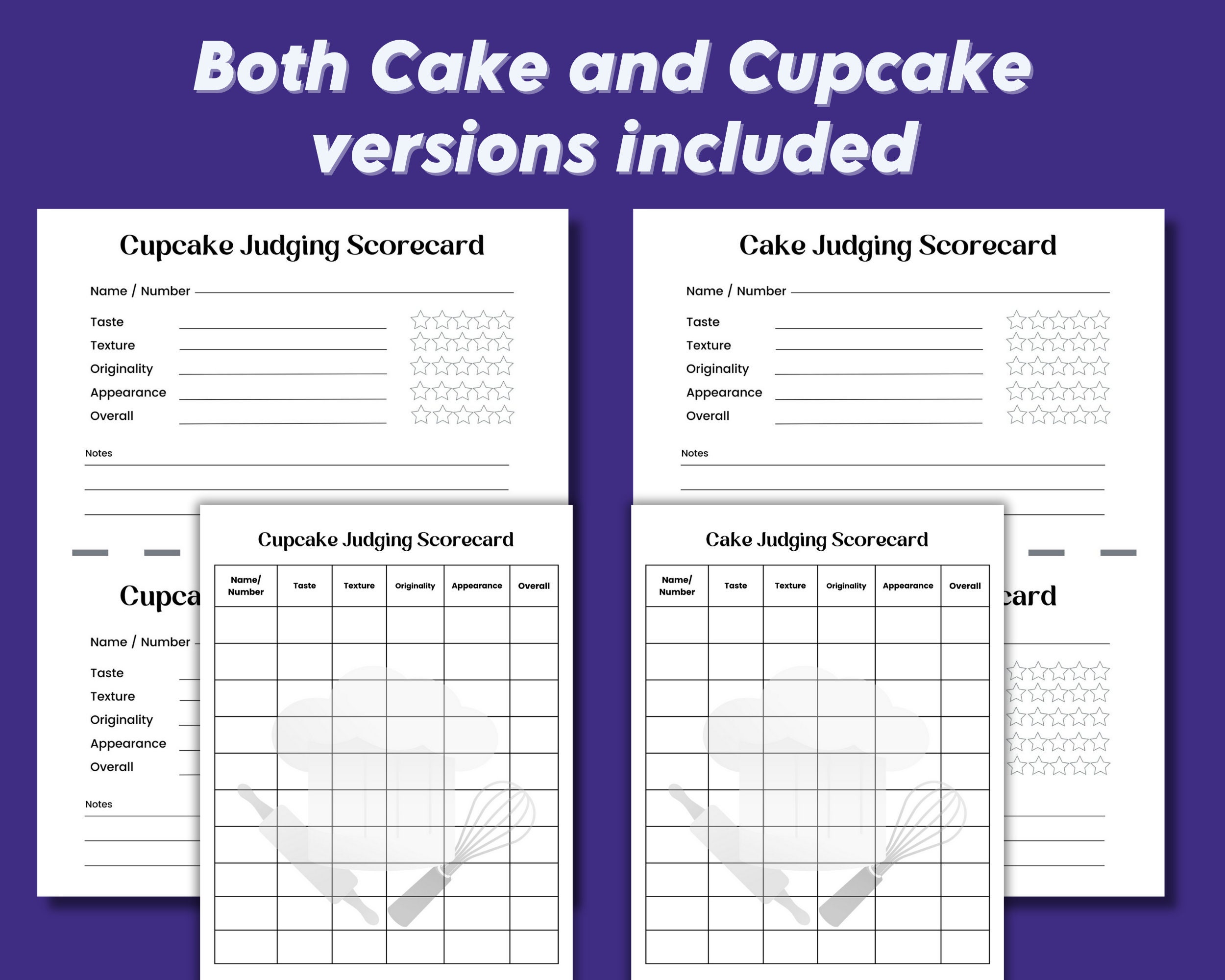 Cake and Cupcake Score Card, Tasting and Decorating Contest Scorecard ...