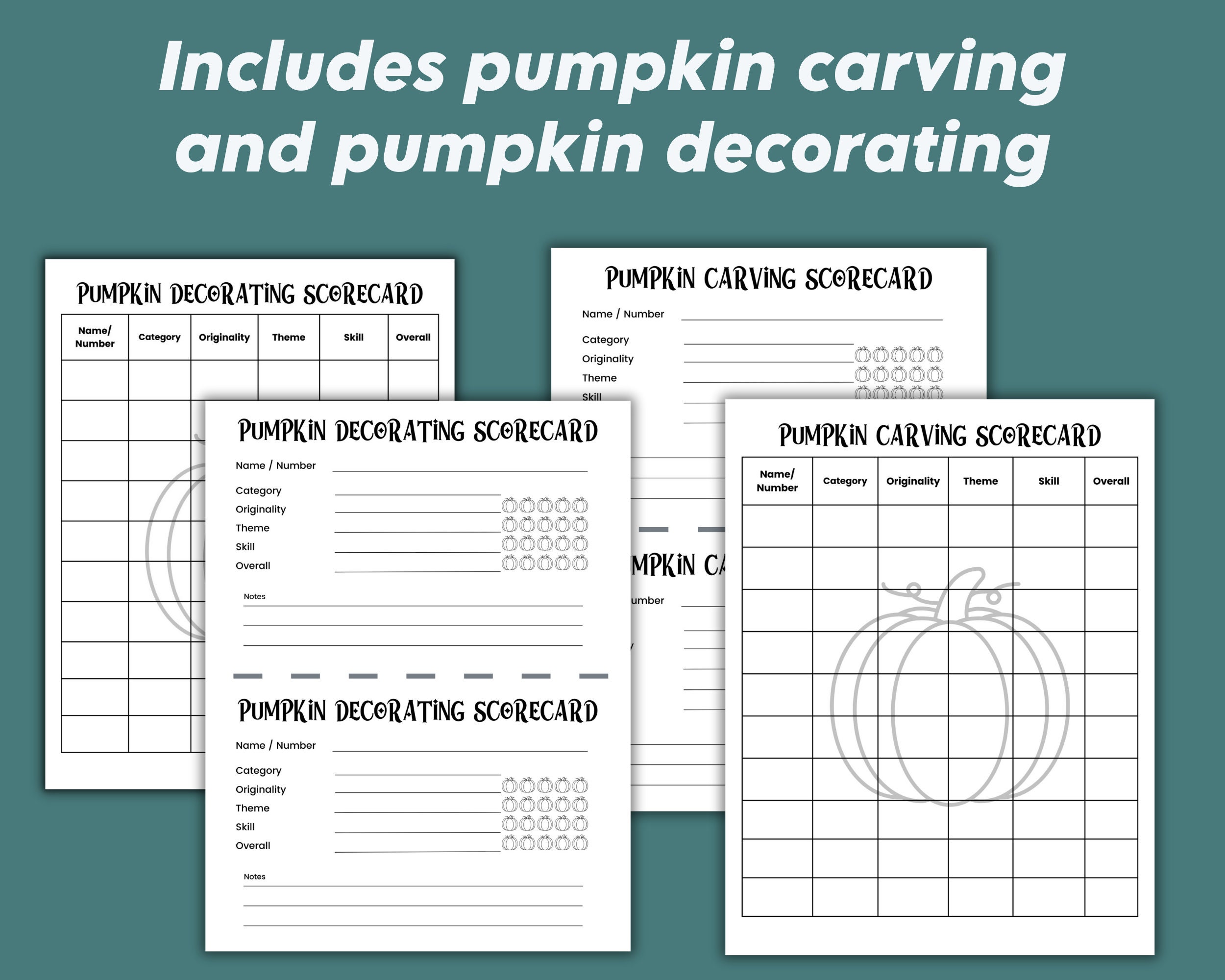 Pumpkin Decorating Score Card, Halloween Party Contest Judges Scorecard ...