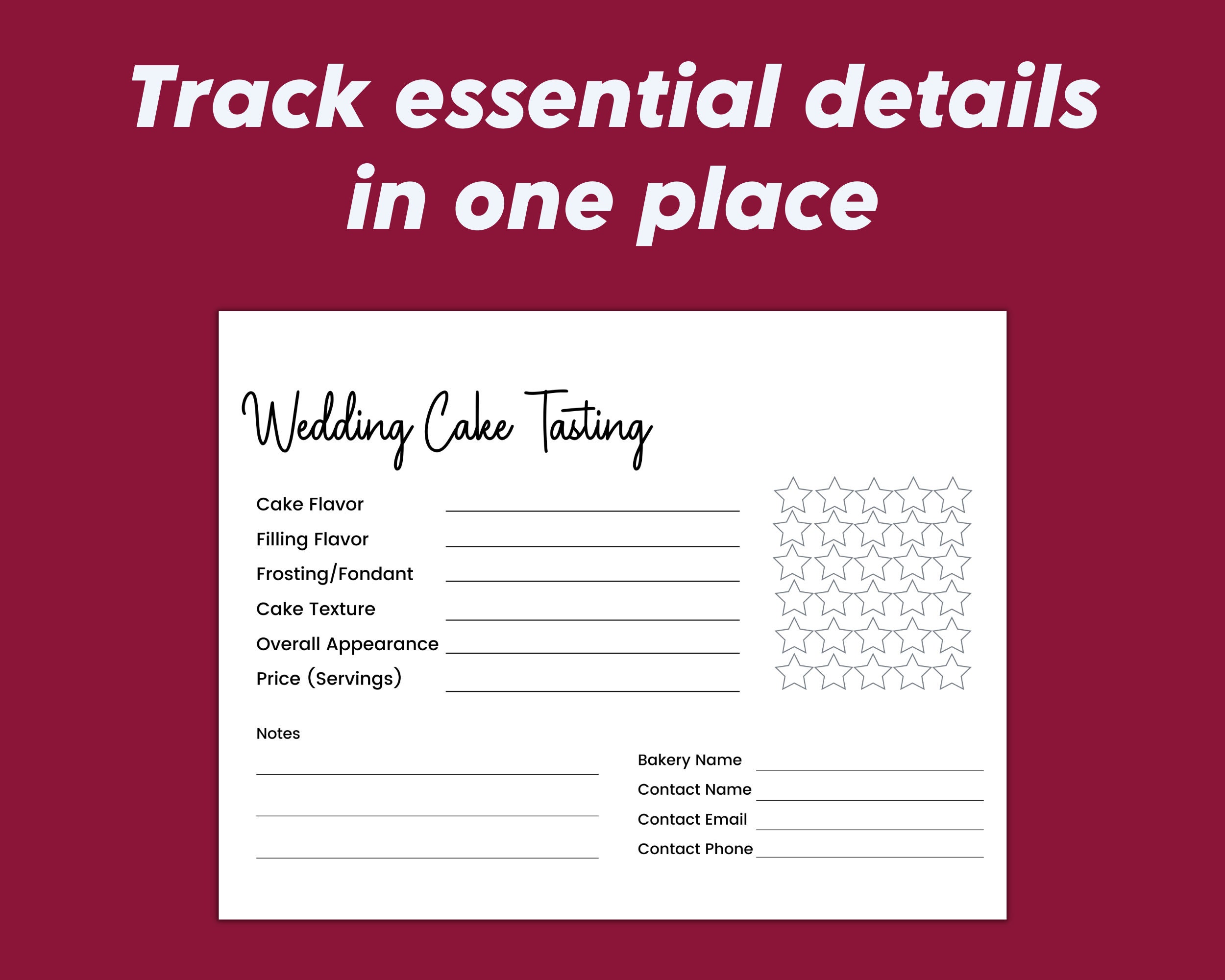 Wedding Cake Tasting Sheet, Bride Cake Planner Tasting Score Card for ...