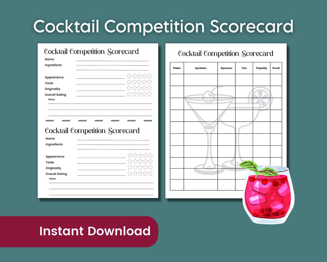 Cocktail Competition Tasting Score Card, Mixed Drink Tasting Flight ...