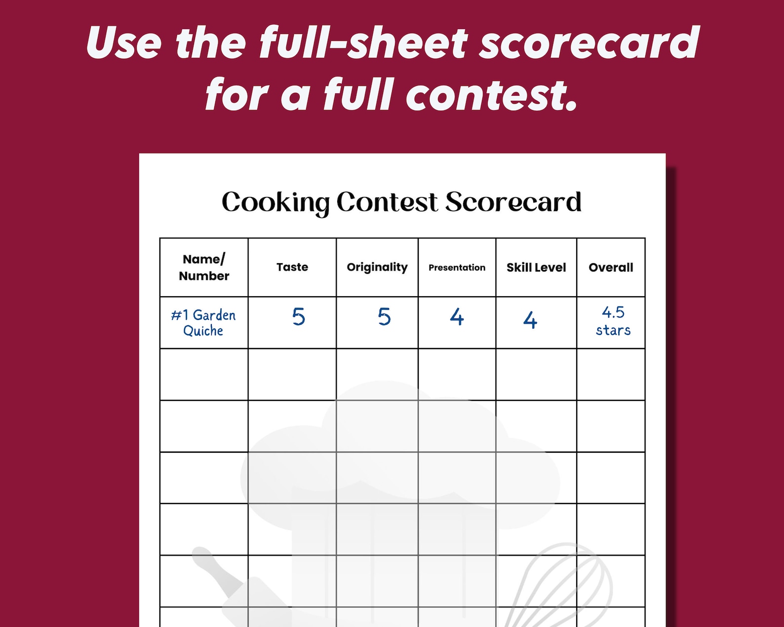 Cooking Contest Score Card, Cookoff Party Food Tasting Game, Food ...