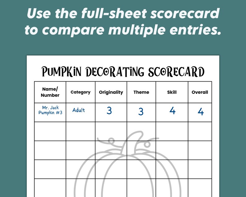 Pumpkin Decorating Score Card, Halloween Party Contest Judges Scorecard ...