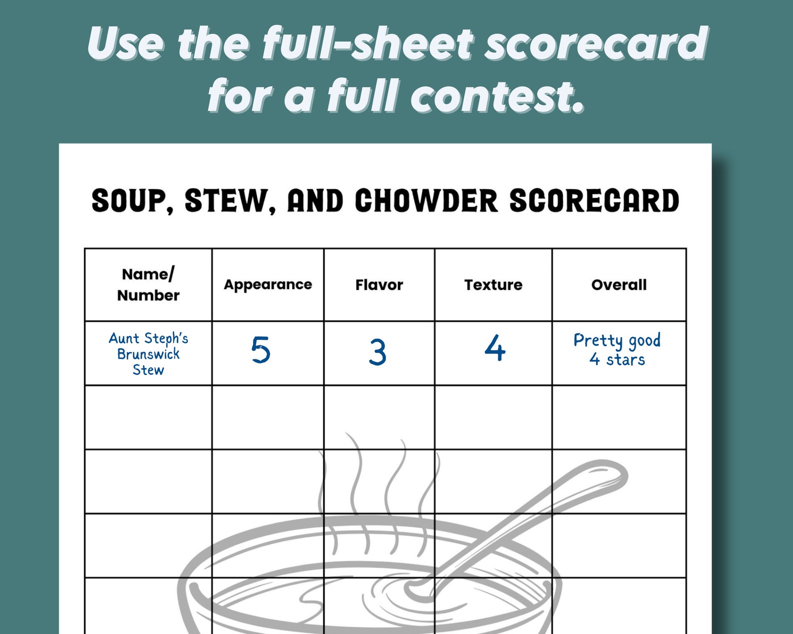 Soup Tasting Score Card, Stew Cookoff Party Food Tasting Game, Food ...