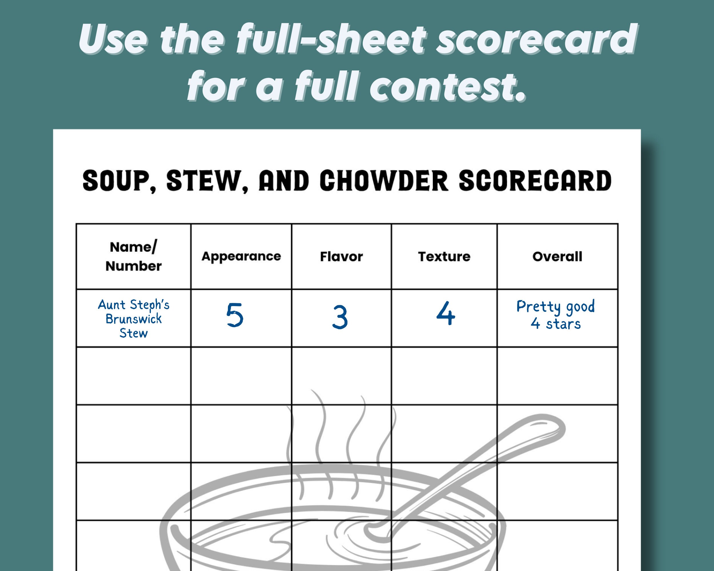 Soup Stew Chowder Tasting Score Card Cookoff Party Food Tasting Game Soup Stew Chowder Tasting Score Card Cookoff Party Food Tasting Game