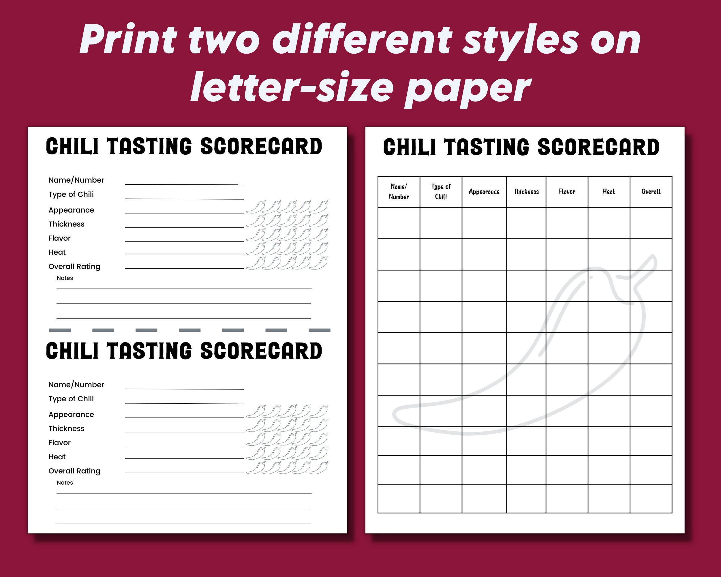Chili Cookoff Scorecard – Printable Tasting Game for Food Competition ...