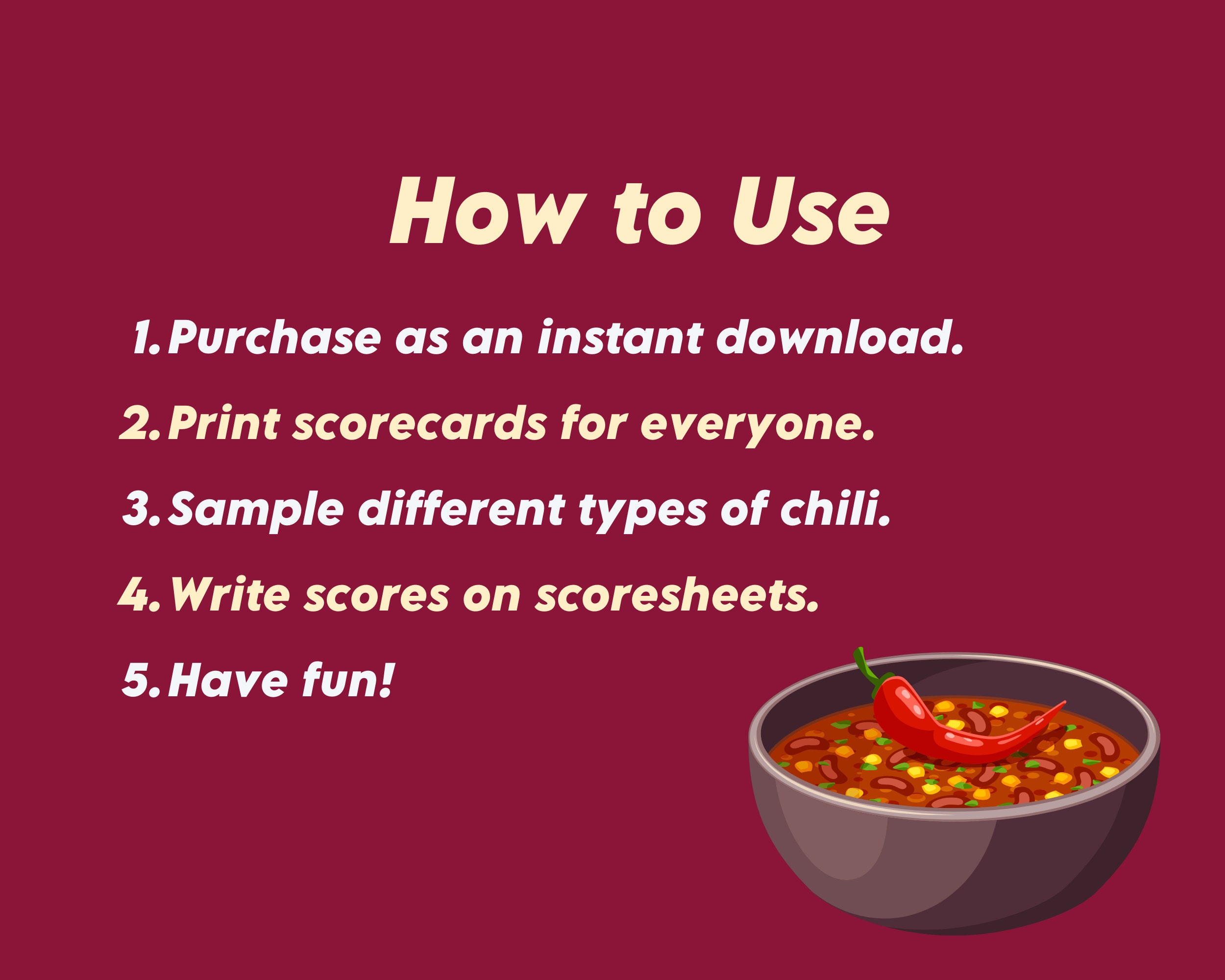 Chili Tasting Score Card, Chili Cookoff Party Food Tasting Game, Food ...
