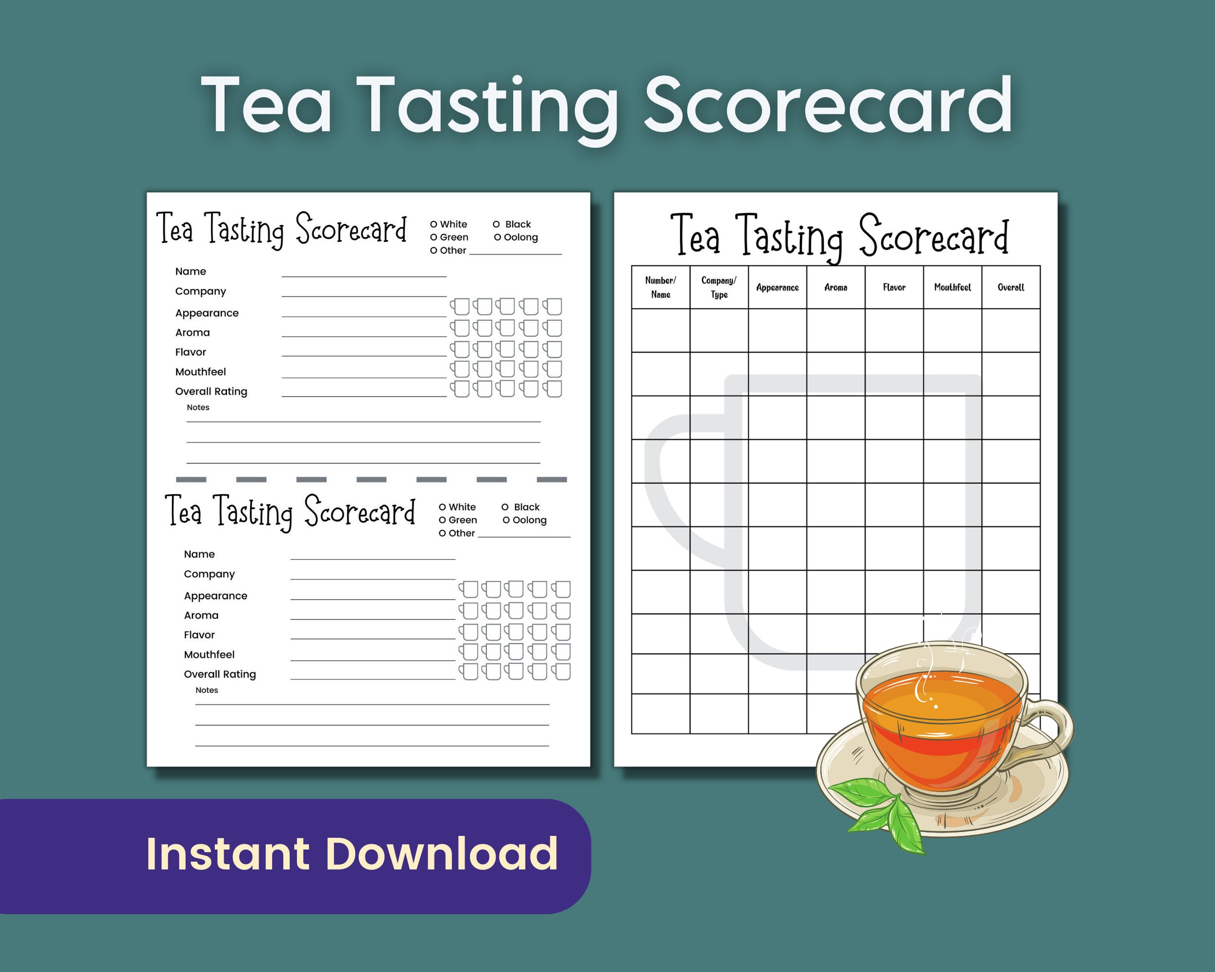 Tea Tasting Score Card, Tea Party Games Tea Party Printable Tasting ...