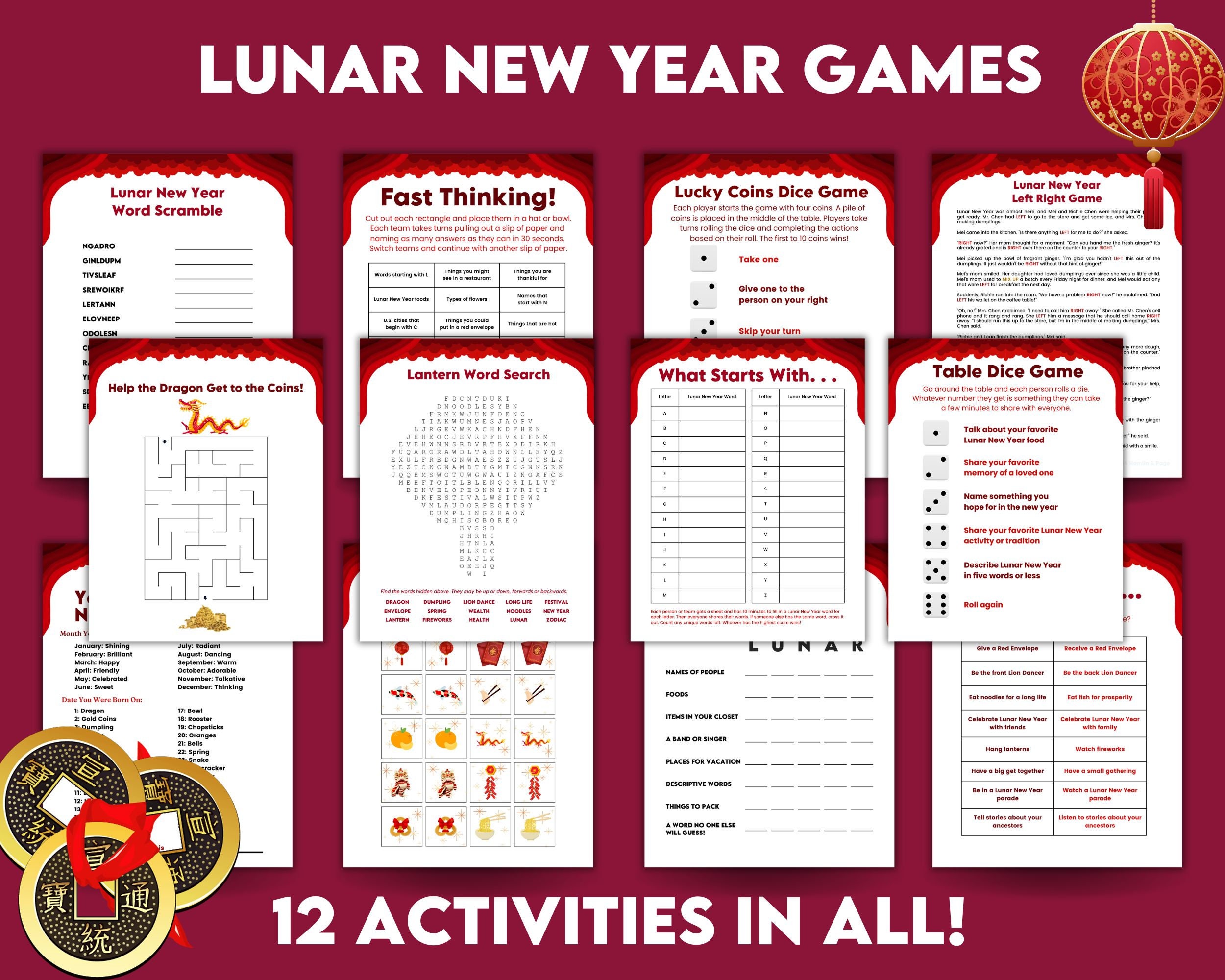 Year of the Dragon Printable Game Bundle for Chinese New Year, Lunar ...