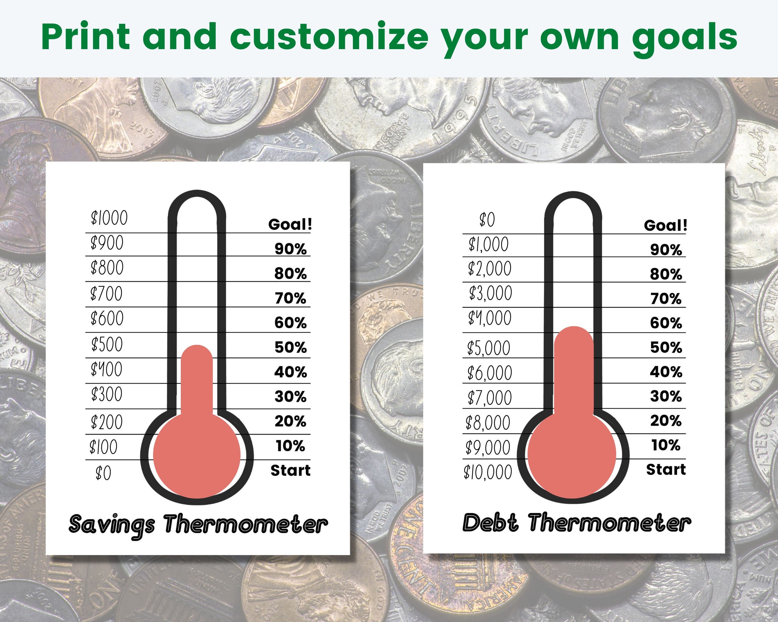 Debt Thermometer and Savings Tracker Set Your Own Financial - Etsy
