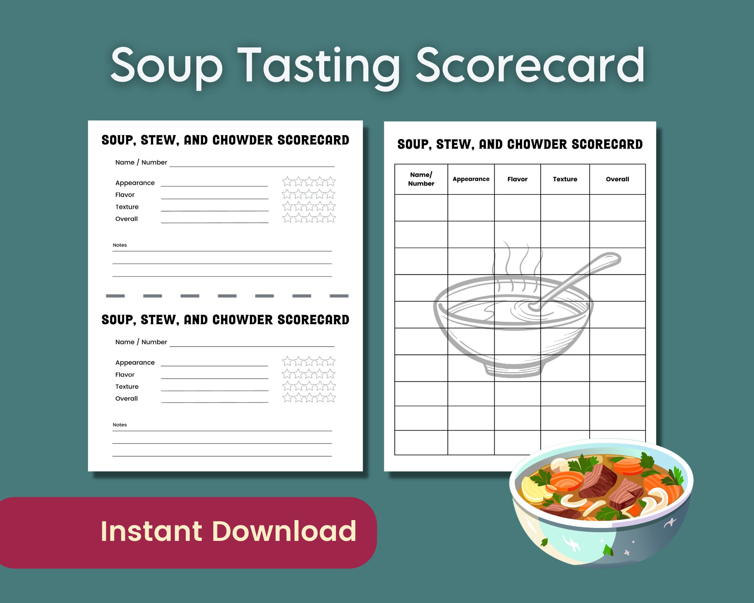 Soup Stew Chowder Tasting Score Card, Cookoff Party Food Tasting Game ...