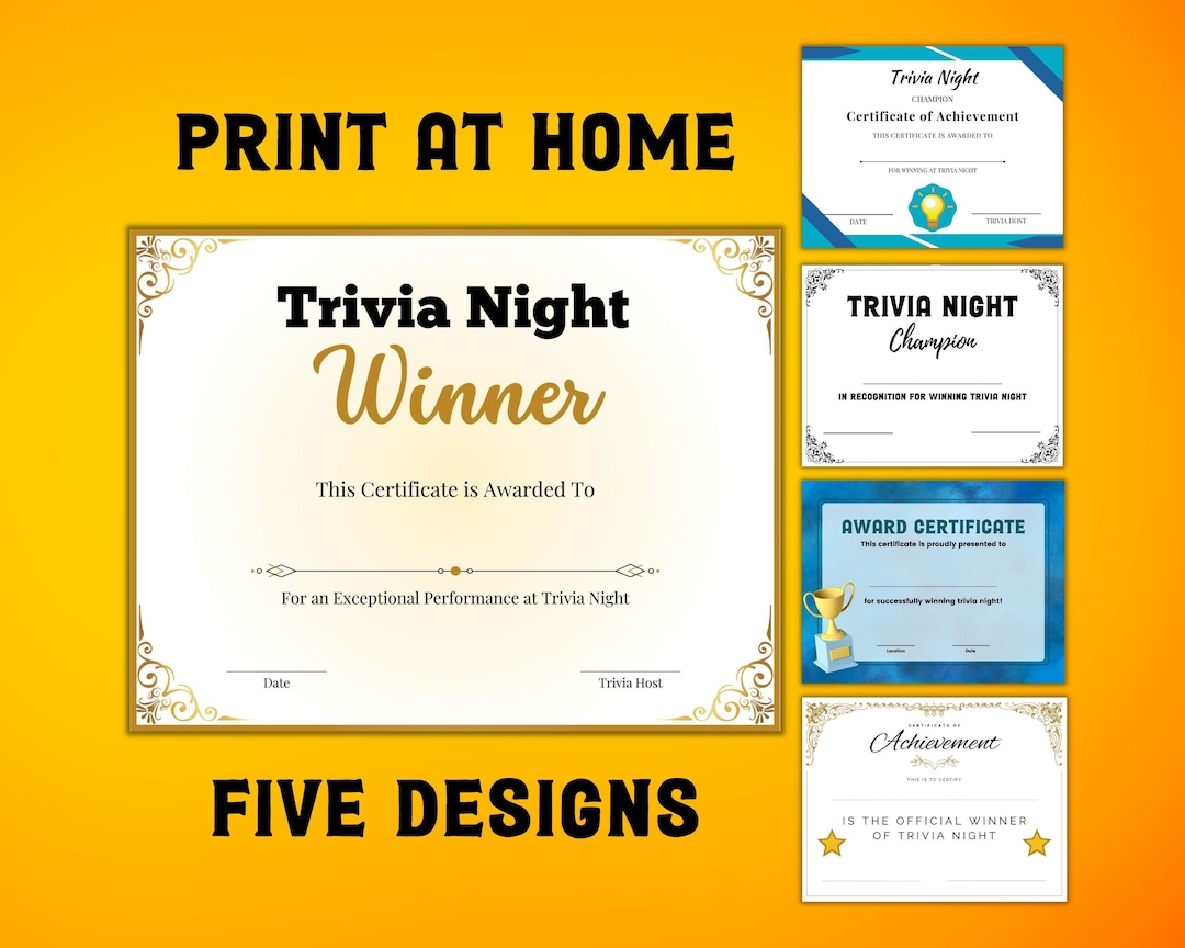 Trivia Night Printable Award Certificate for Winning Teams or Players ...
