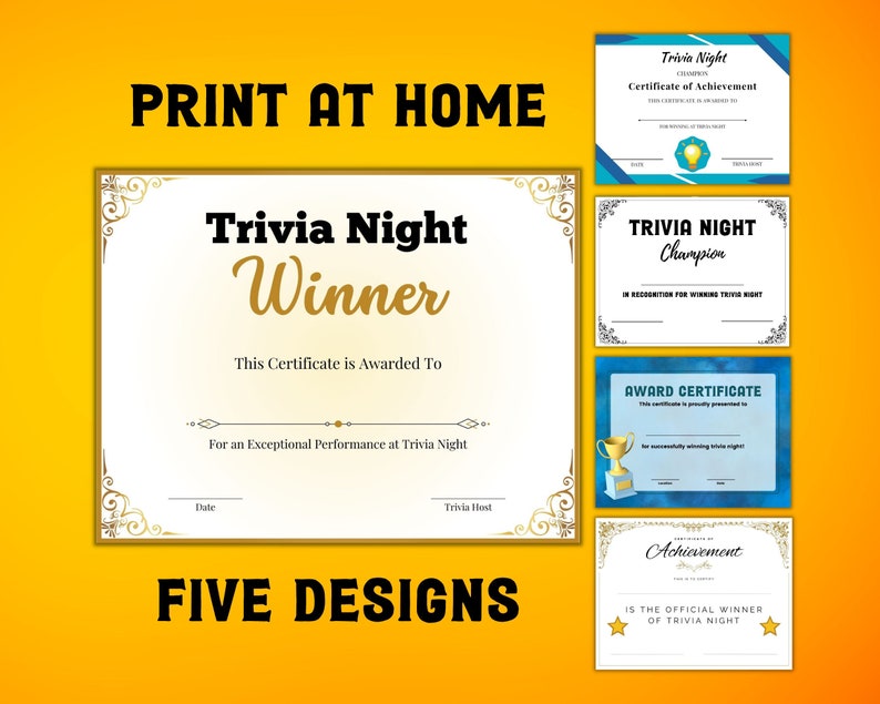 Trivia Night Winner Certificate – Printable Awards for Bar or Pub Teams ...