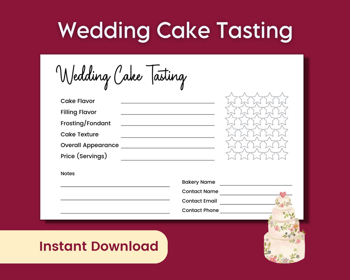 Wedding Cake Tasting Sheet, Bride Cake Planner Tasting Score Card for ...