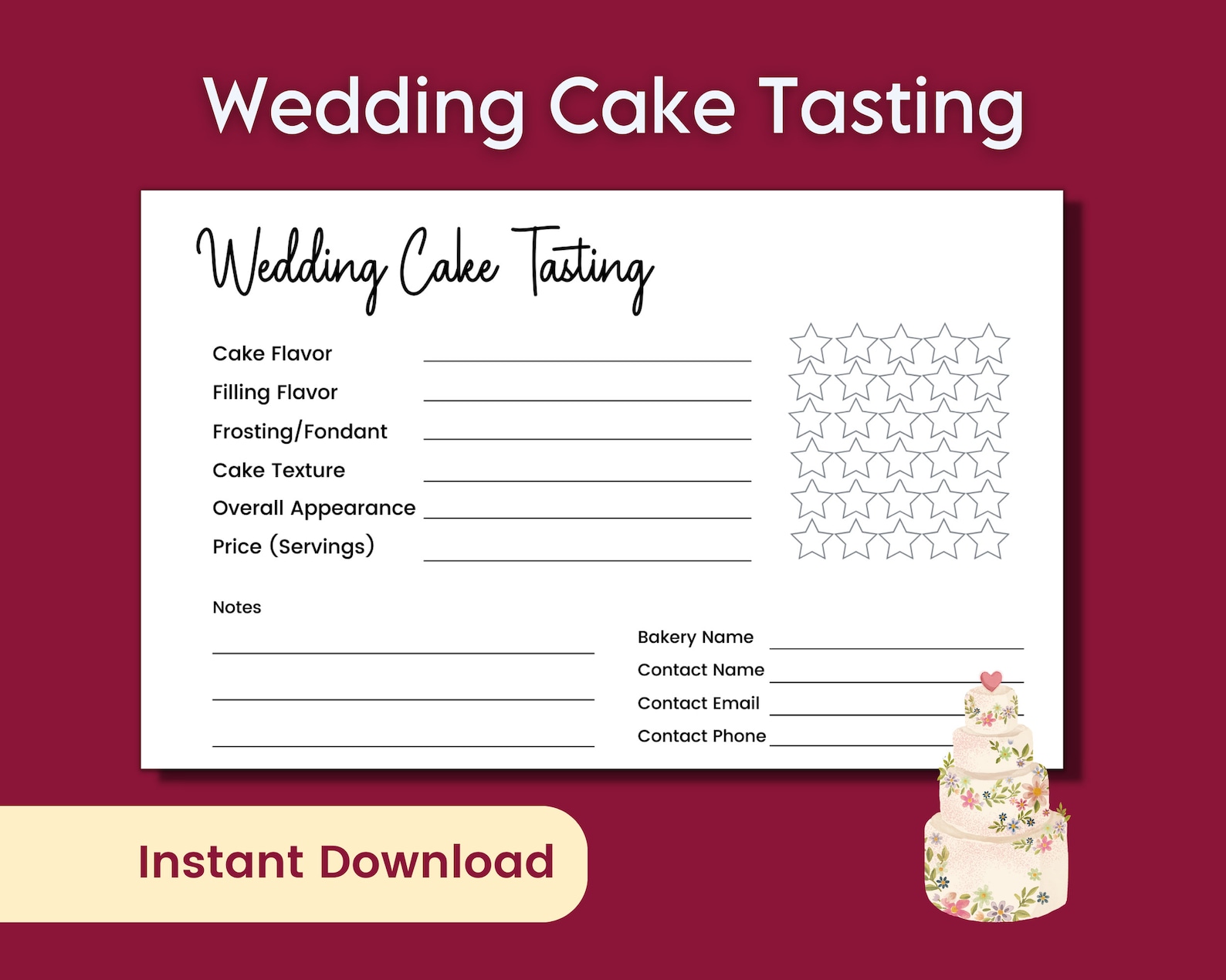 Wedding Cake Tasting Sheet, Bride Cake Planner Tasting Score Card for ...