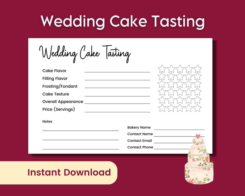 Wedding Cake Tasting Sheet, Bride Cake Planner Tasting Score Card for ...