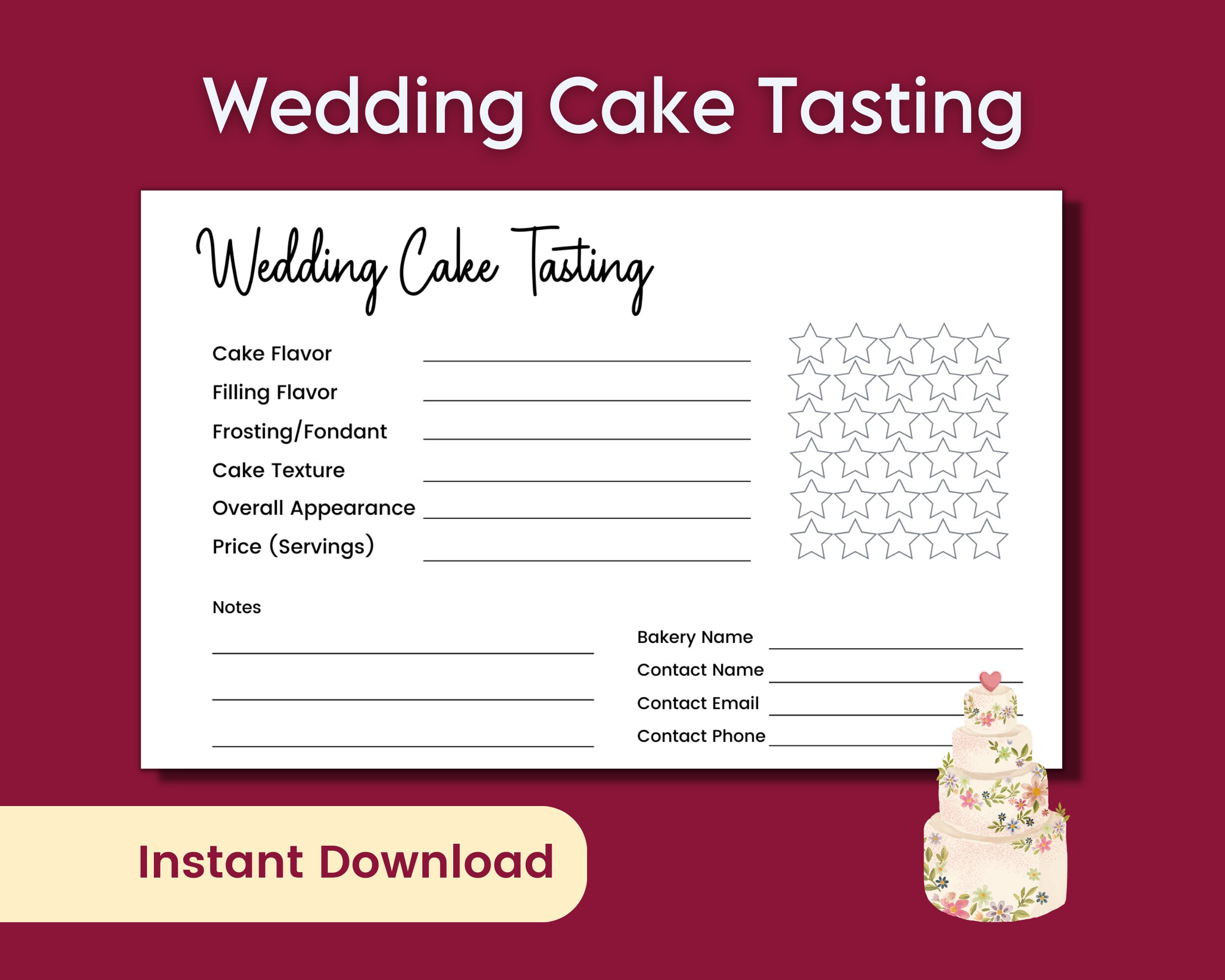 Wedding Cake Tasting Sheet, Bride Cake Planner Tasting Score Card for ...