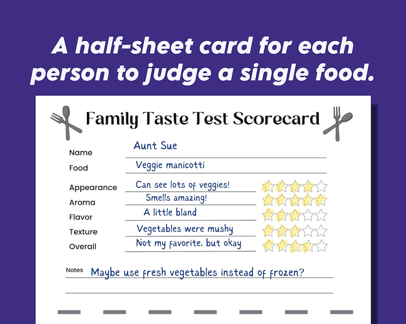 Family Taste Testing Challenge Contest Score Card, Dinner or Party Food ...