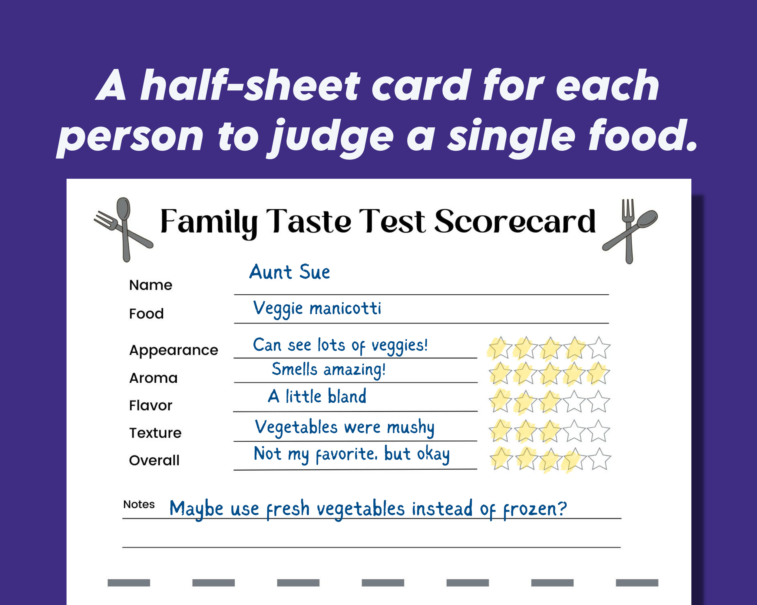 Family Taste Testing Challenge Contest Score Card, Dinner or Party Food ...