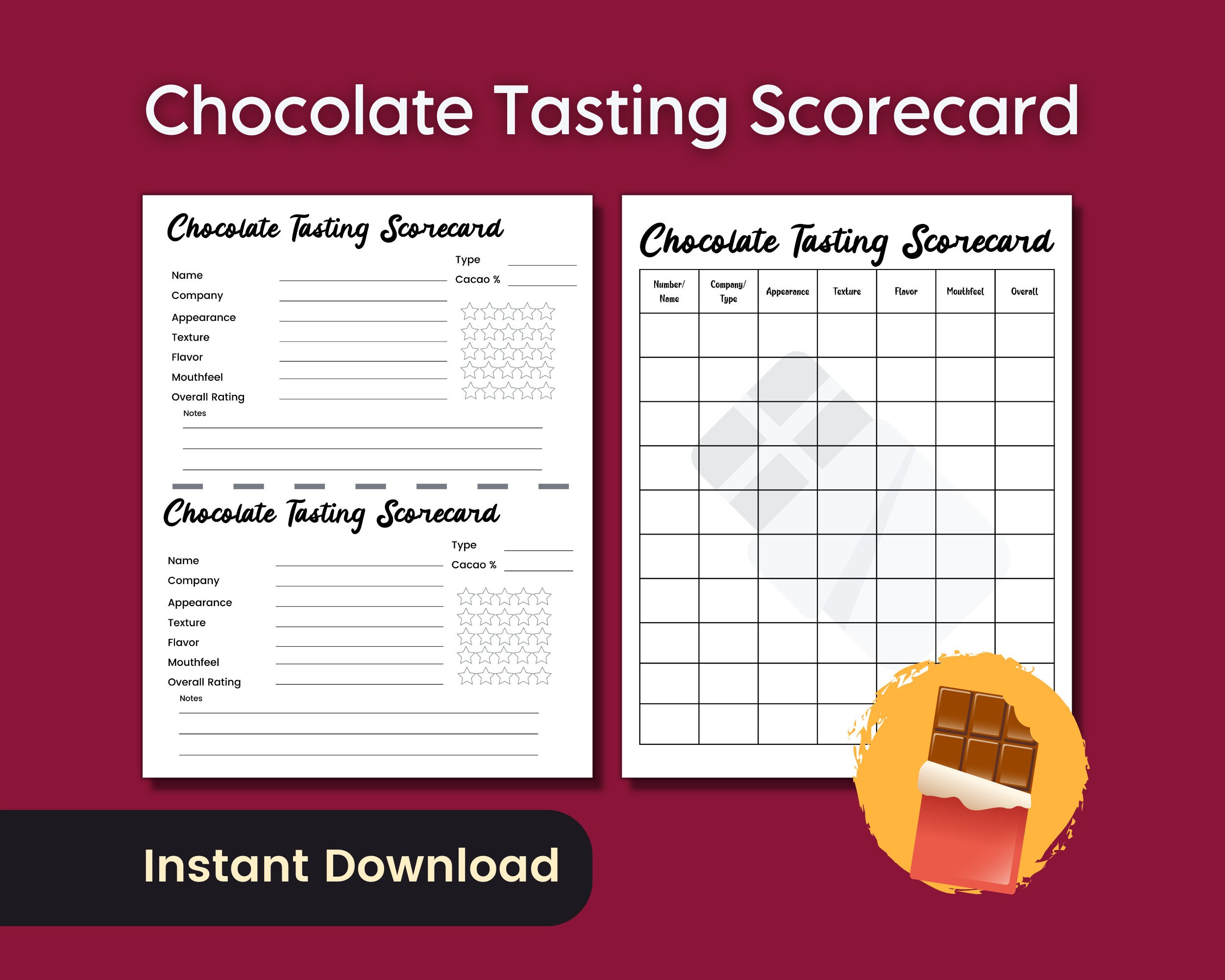 Chocolate Tasting Score Card, Gourmet Chocolate Tasting Flight Party ...