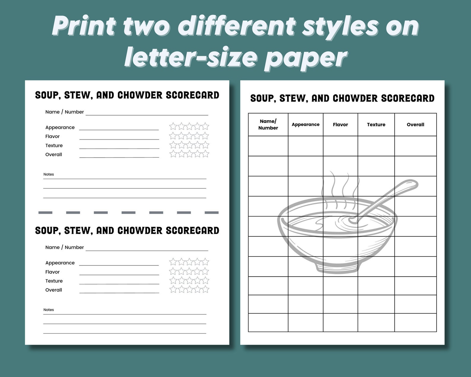 Soup Tasting Score Card, Stew Cookoff Party Food Tasting Game, Food ...