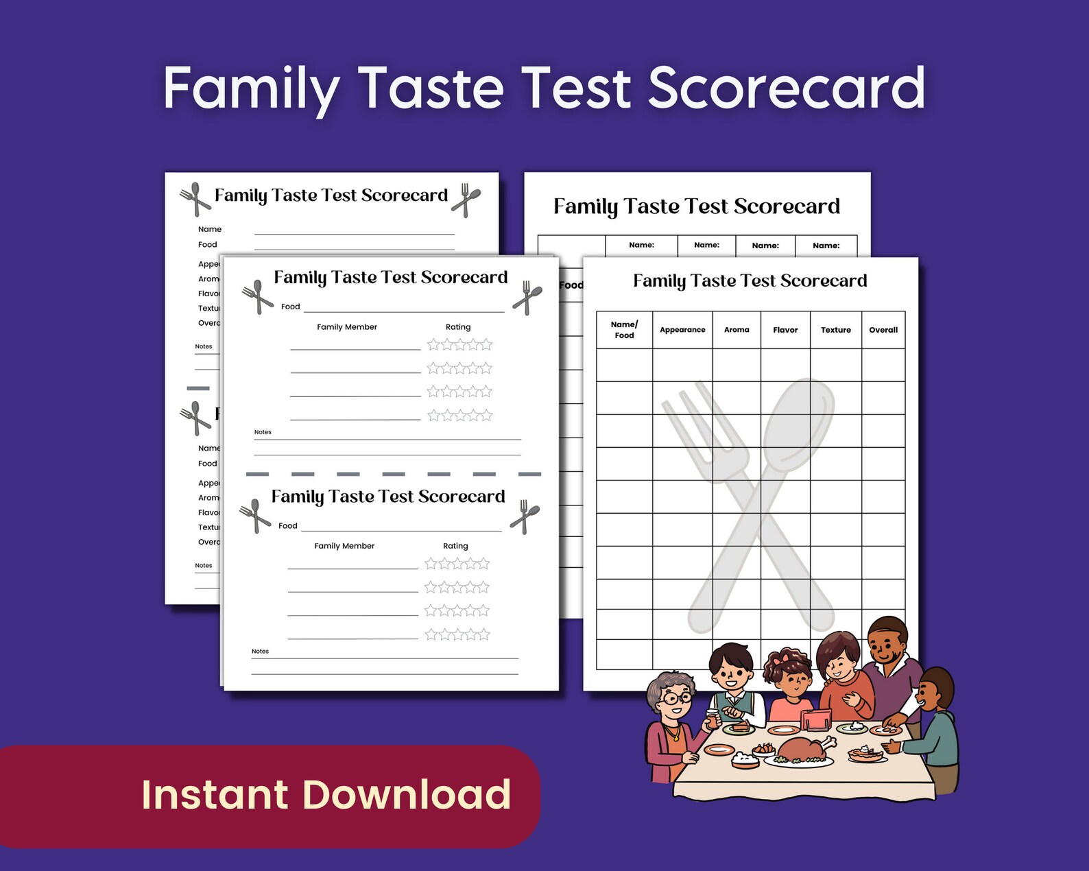 Family Taste Testing Challenge Contest Score Card, Dinner or Party Food ...