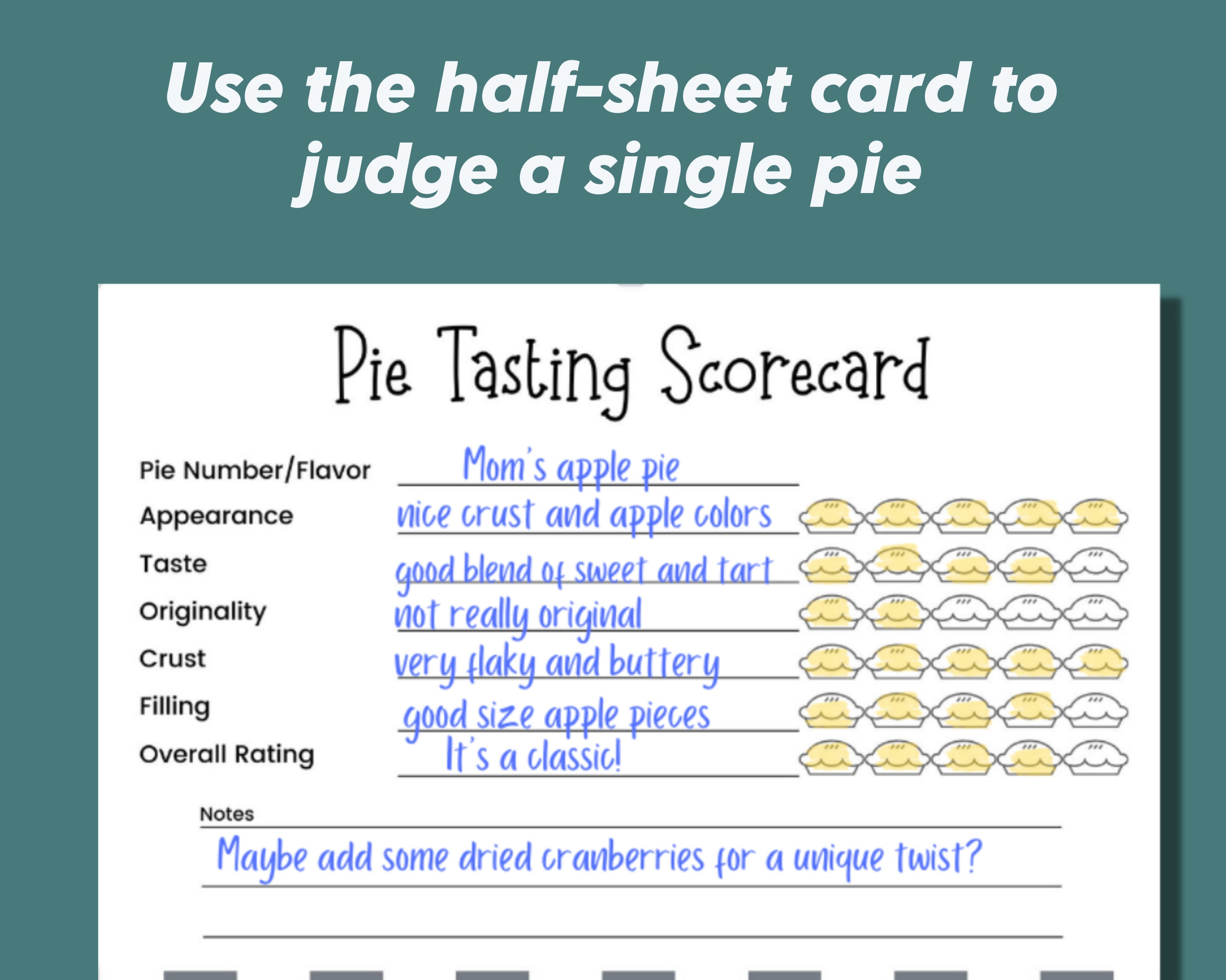 Pie Tasting Score Card, Best Apple Pie Contest Scorecard, County Fair ...