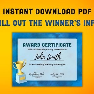 Trivia Night Printable Award Certificate for Winning Teams or Players ...