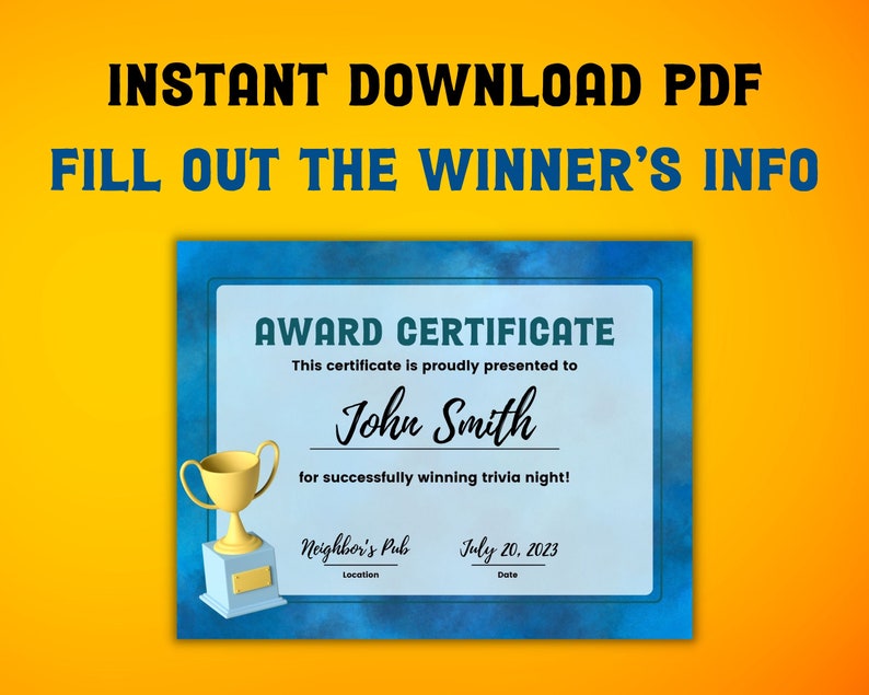 Trivia Night Winner Certificate – Printable Awards for Bar or Pub Teams ...