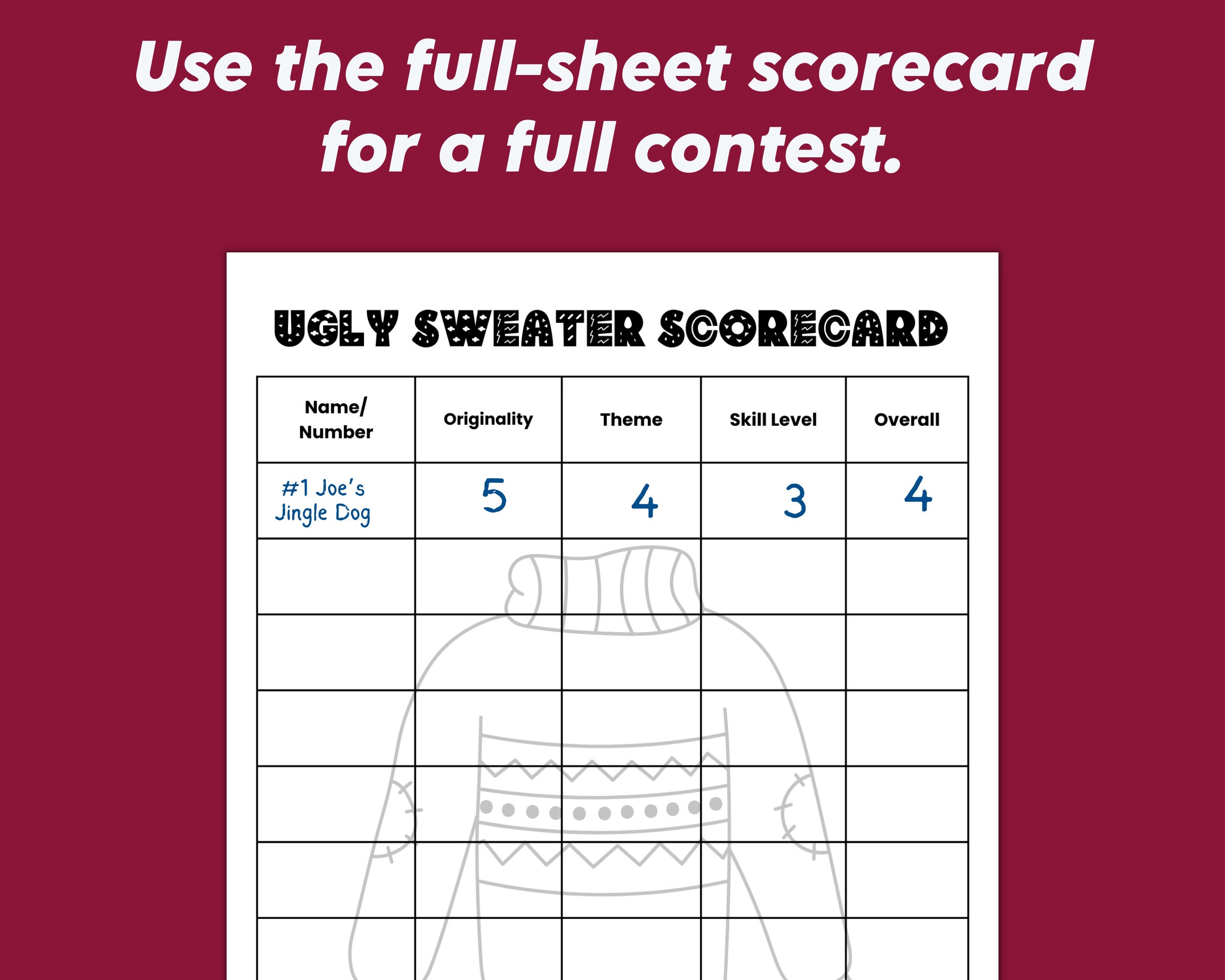 Ugly Sweater Score Card Ballot, Christmas Contest Scorecard for Office ...