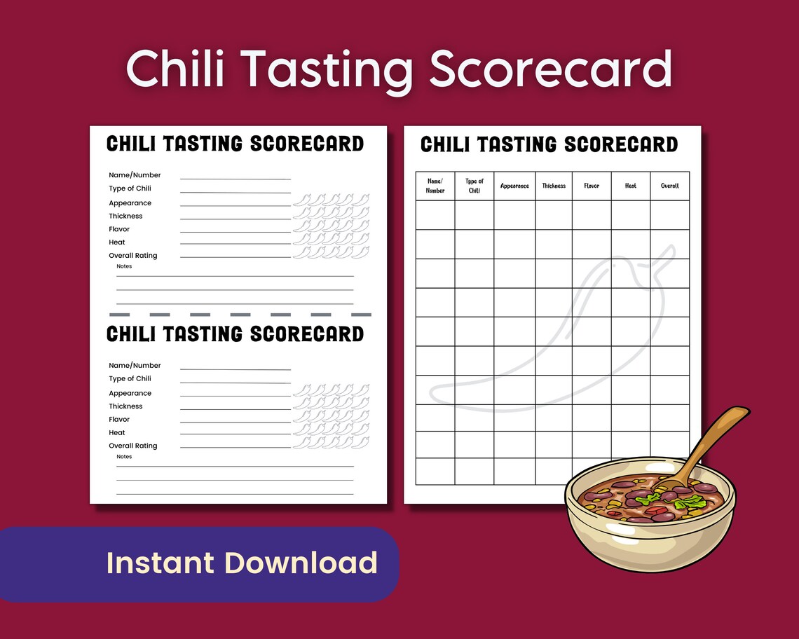 Chili Tasting Score Card, Chili Cookoff Party Food Tasting Game, Food ...