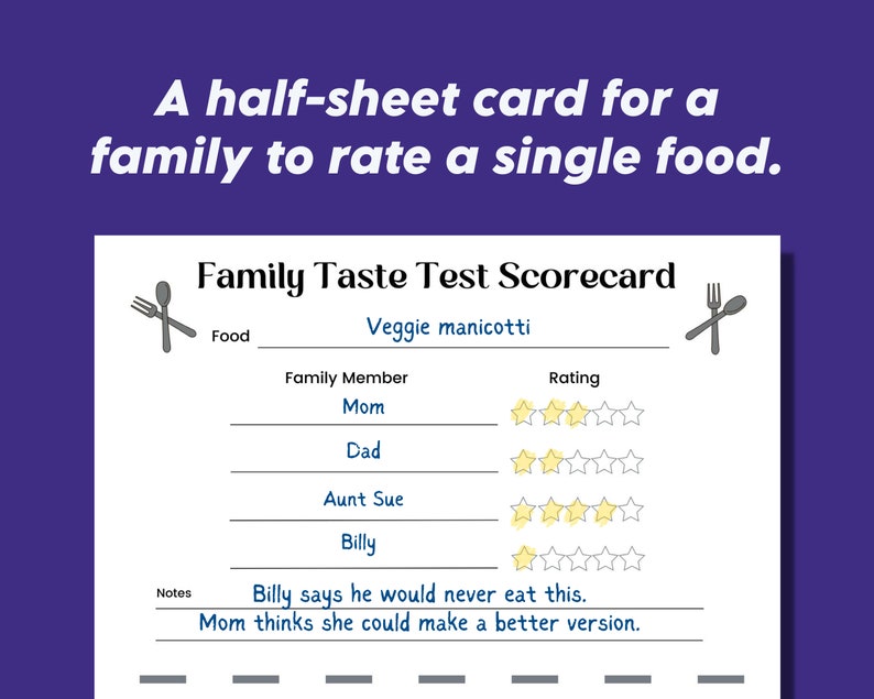 Family Taste Testing Challenge Contest Score Card, Dinner or Party Food ...