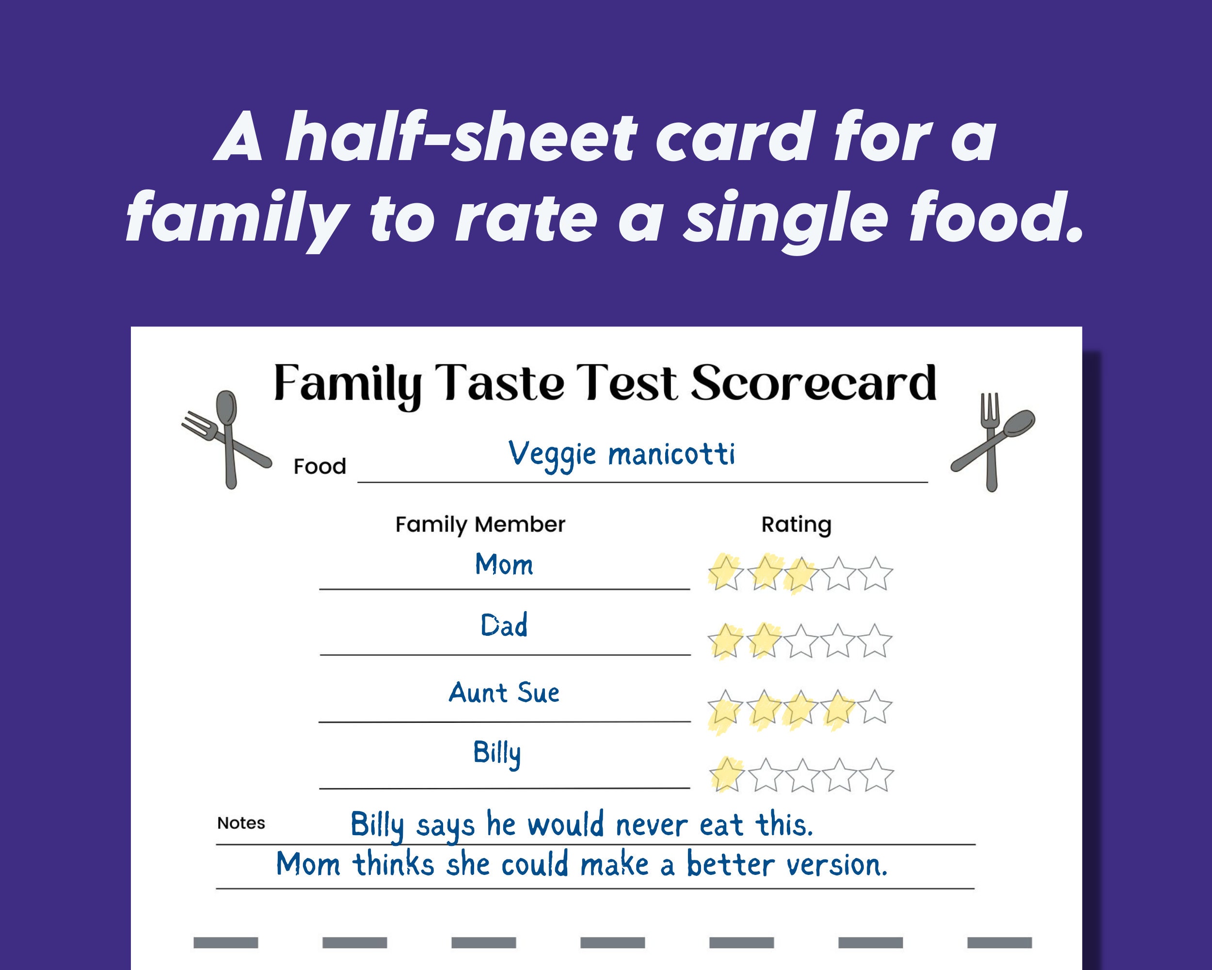 Family Taste Testing Challenge Contest Score Card, Dinner or Party Food ...