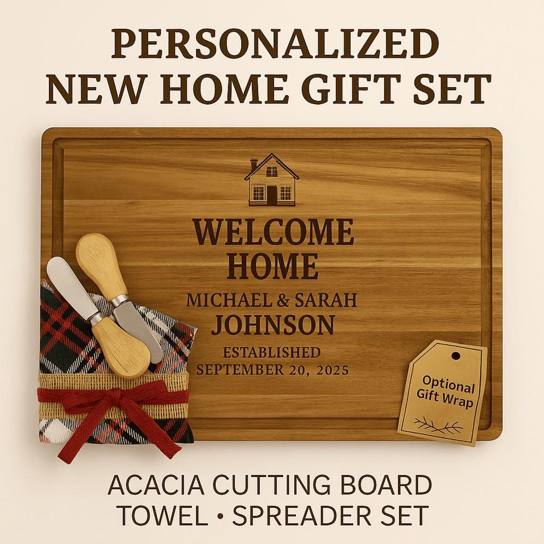 Custom New Home Cutting Board Gift Set | Personalized Acacia Board ...