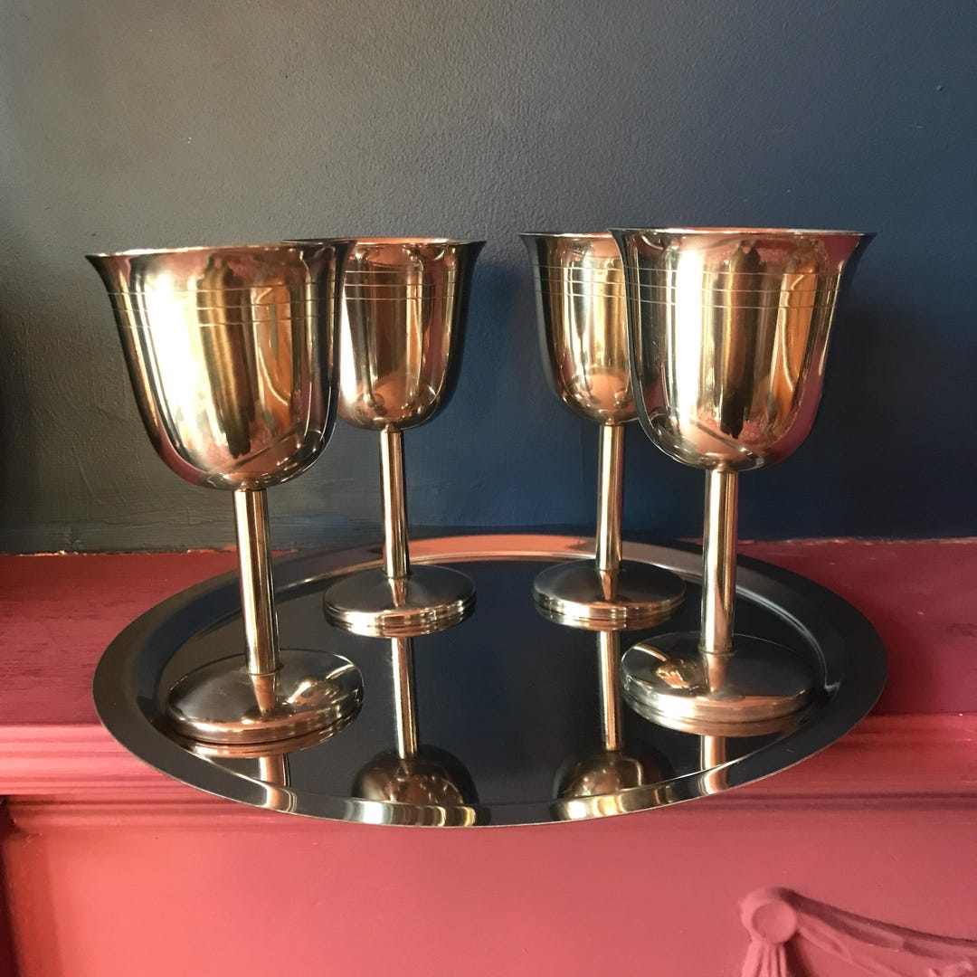 Vintage Set of 4 X Stainless Steel Goblets, With a Serving Tray. - Etsy