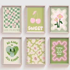 Green Pink Retro Danish Pastel Poster Set Aesthetic Room Decor Groovy ...